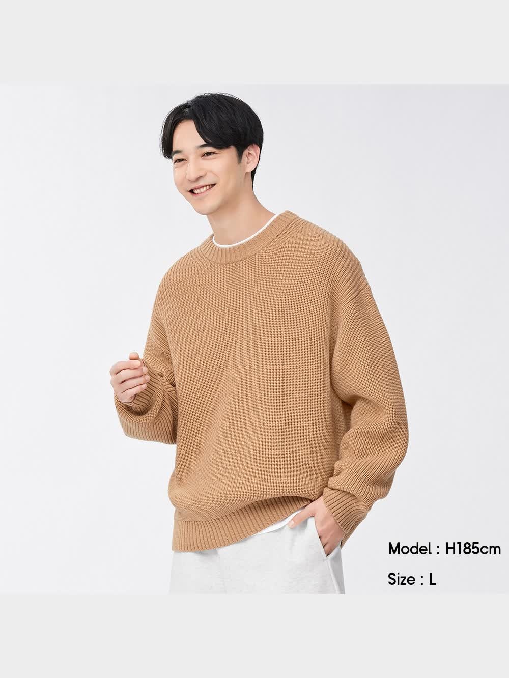 「ワイドフィット畦セーター(長袖)、カバーオールジャケット(セットアップ可能)」の着用コーディネート| ジーユー