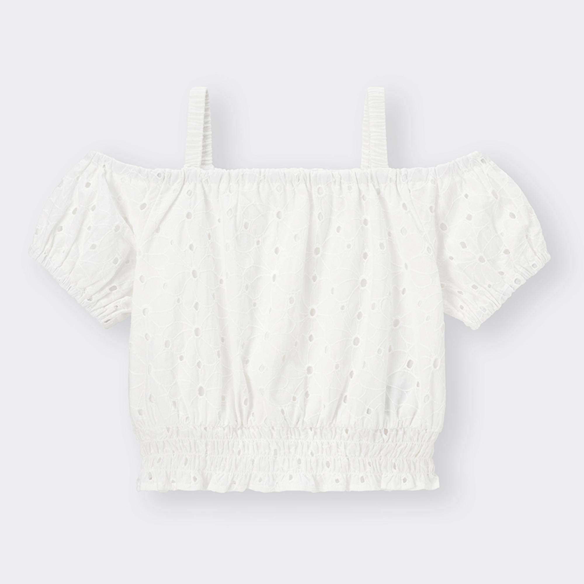 「GIRLSオフショルダーコットンレースブラウス(半袖)、GIRLSデニムティアードキュロット」の着用コーディネート| ジーユー