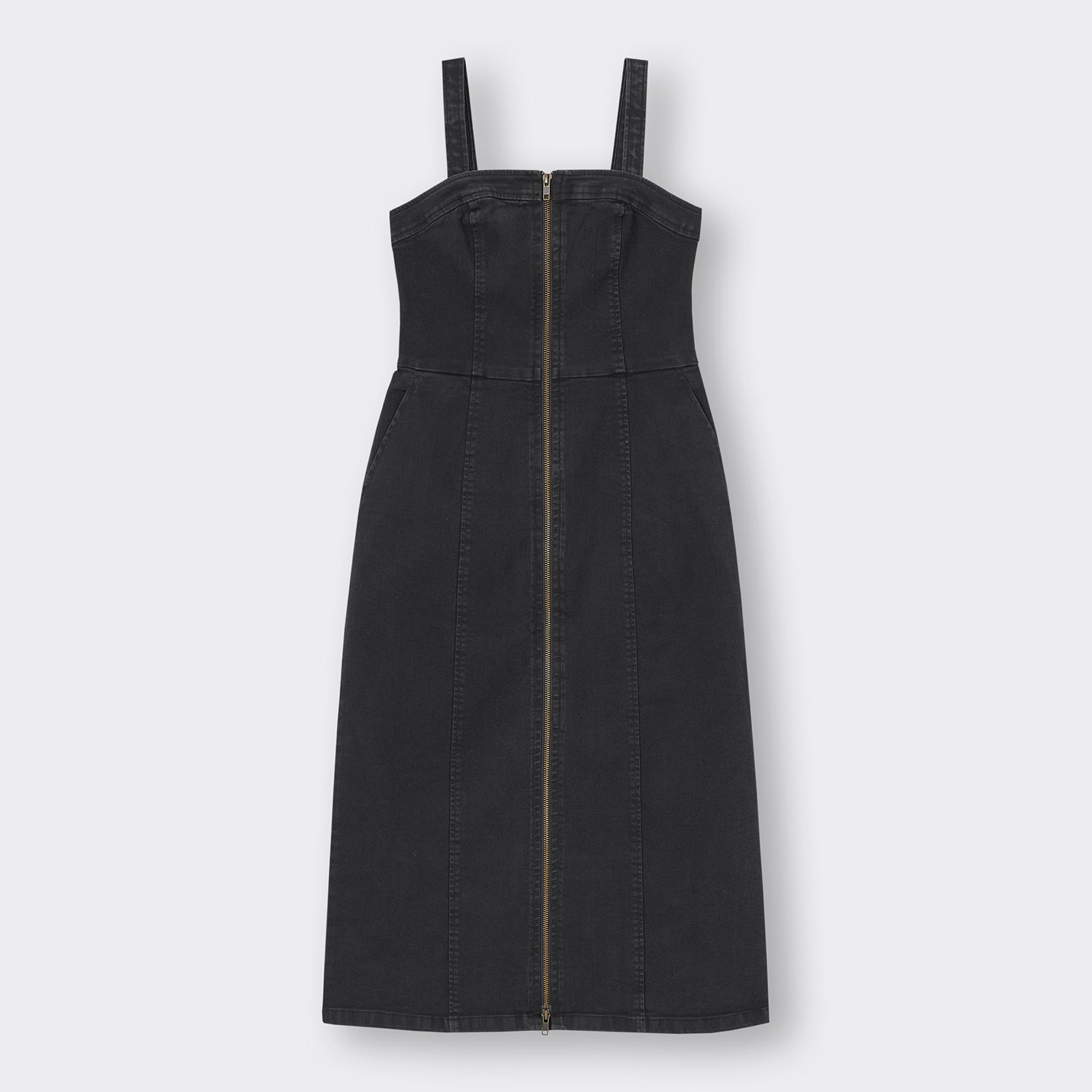 「ブラフィールボートネックT(ノースリーブ)、デニムフロントジップワンピース」の着用コーディネート| ジーユー