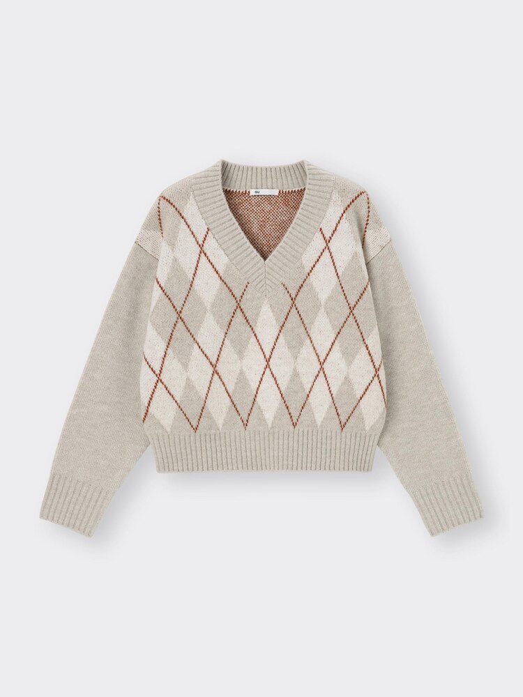 Puffy Touch Argyle V Neck Short Sweater | GU US