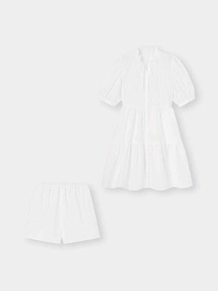 GU公式 | フリルネックティアードワンピース(5分袖)OSB+EC