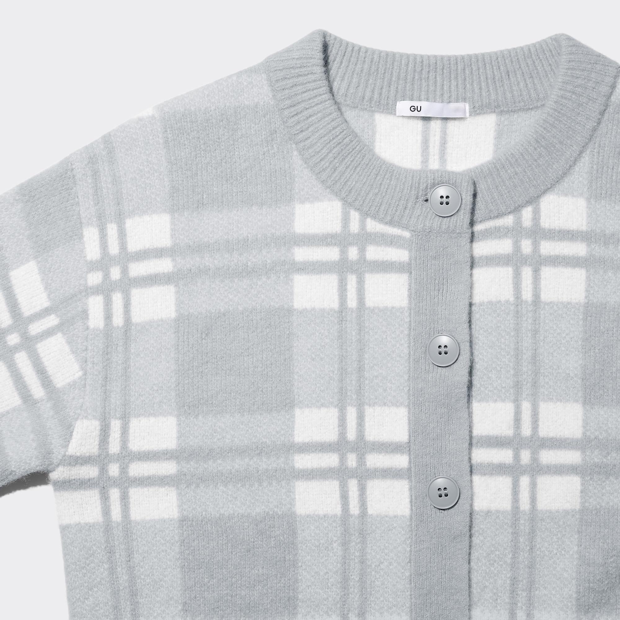 Puffy Touch Checked Crew Short Cardigan | GU US
