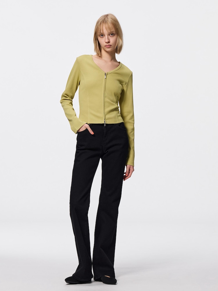 Ribbed Double Zip V Neck Cardigan | GU US