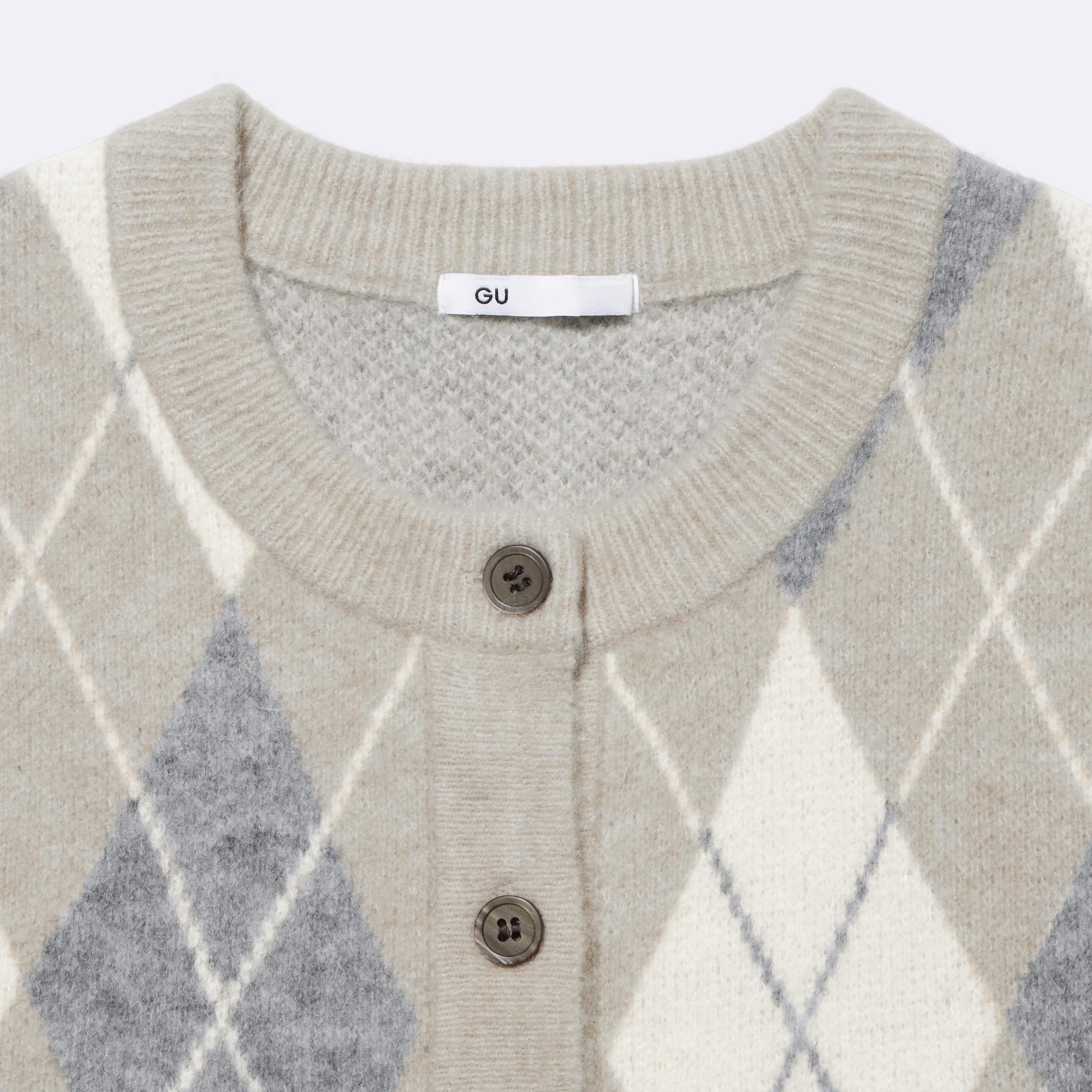 Puffy Touch Knit Argyle Crew Neck Cardigan | GU US