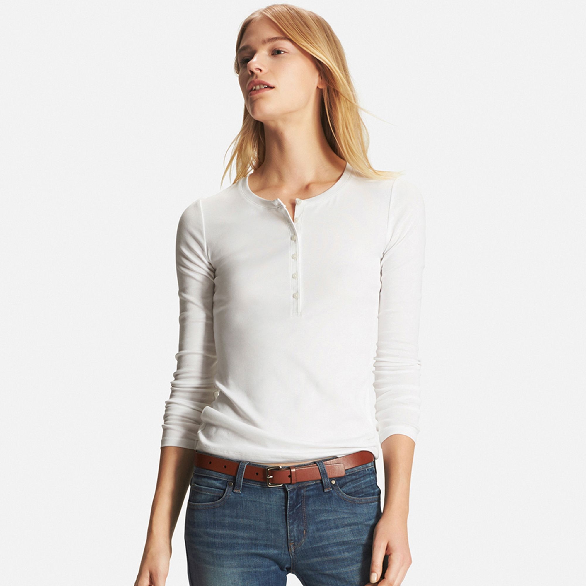 Womens Supima® Cotton Long Sleeve Henley Neck T Shirt Uniqlo Us