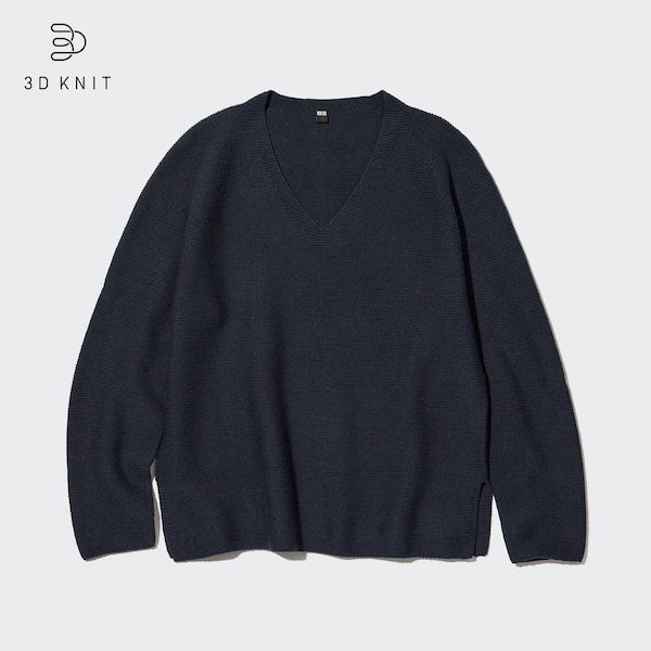3D Knit Cotton Blend V-Neck Long-Sleeve Sweater | UNIQLO US