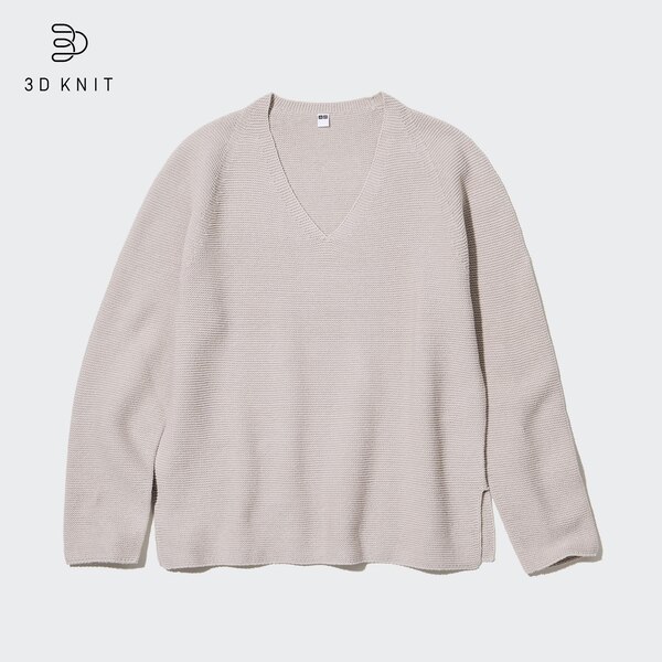 3D Knit Cotton Blend V-Neck Long-Sleeve Sweater | UNIQLO US