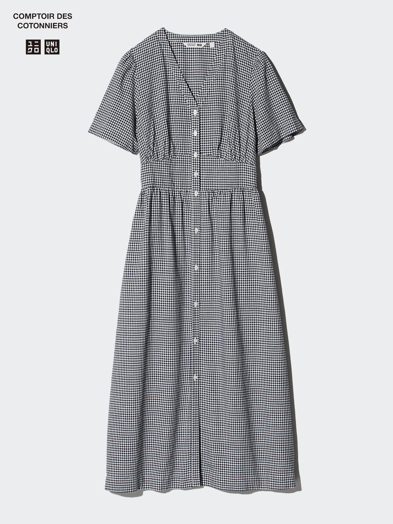 Women's Linen Blend V Neck Dress (Short Sleeve, Gingham) | UNIQLO DE