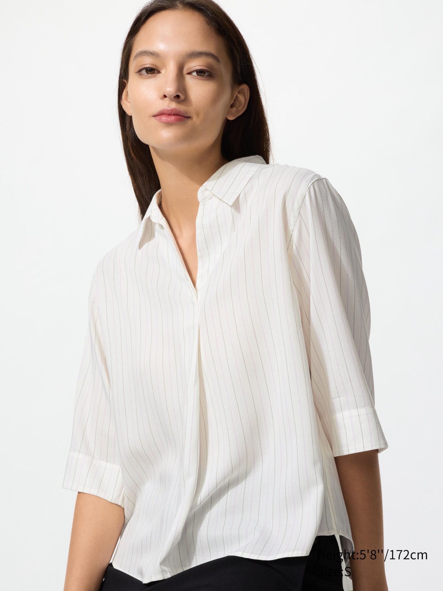 Blouse en rayonne (Manches 3/4, Col skipper, Rayée) pour Femme | UNIQLO FR