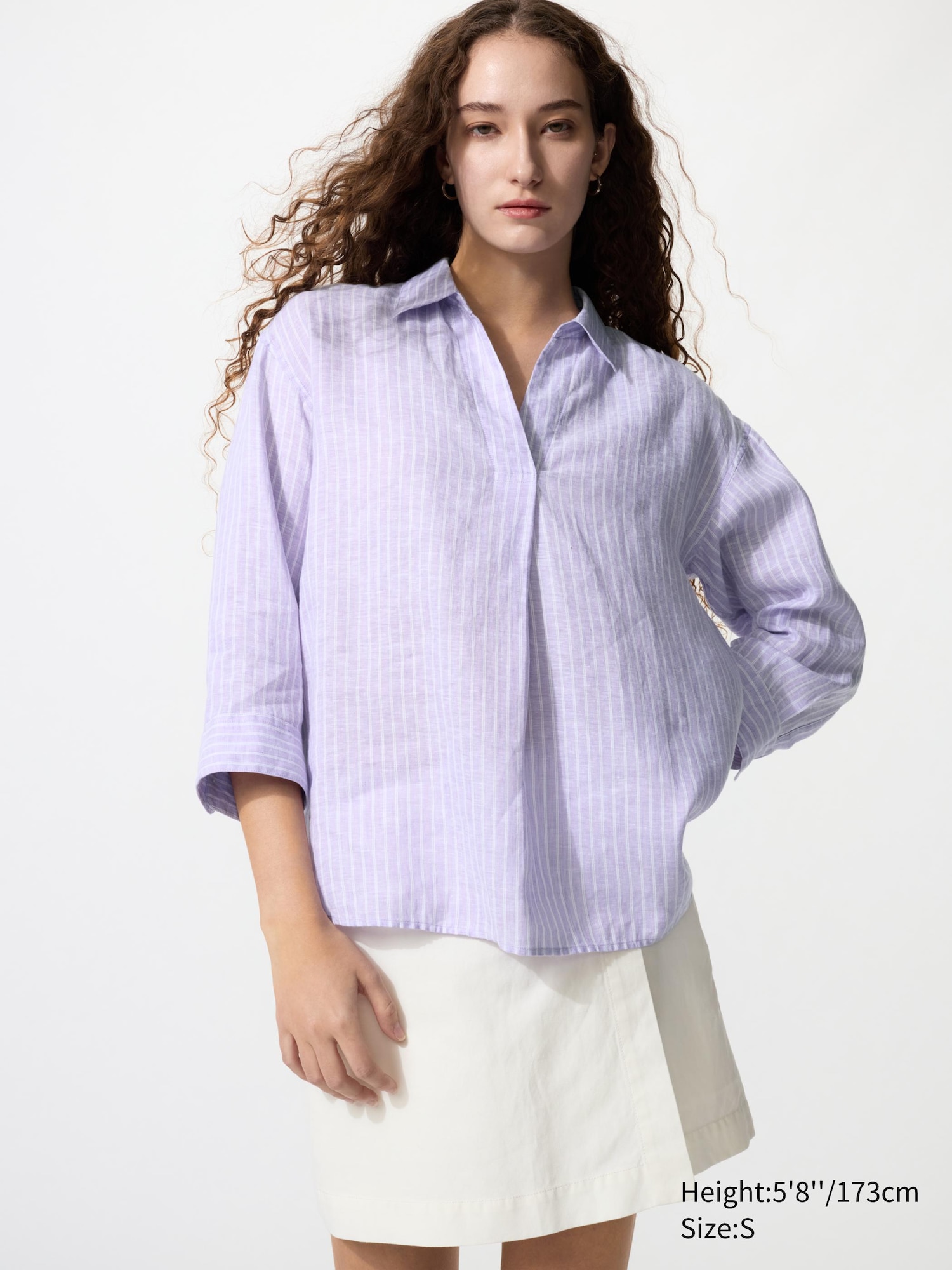Women's 100% Premium Linen Skipper Collar Shirt (3/4 Sleeve, Striped ...