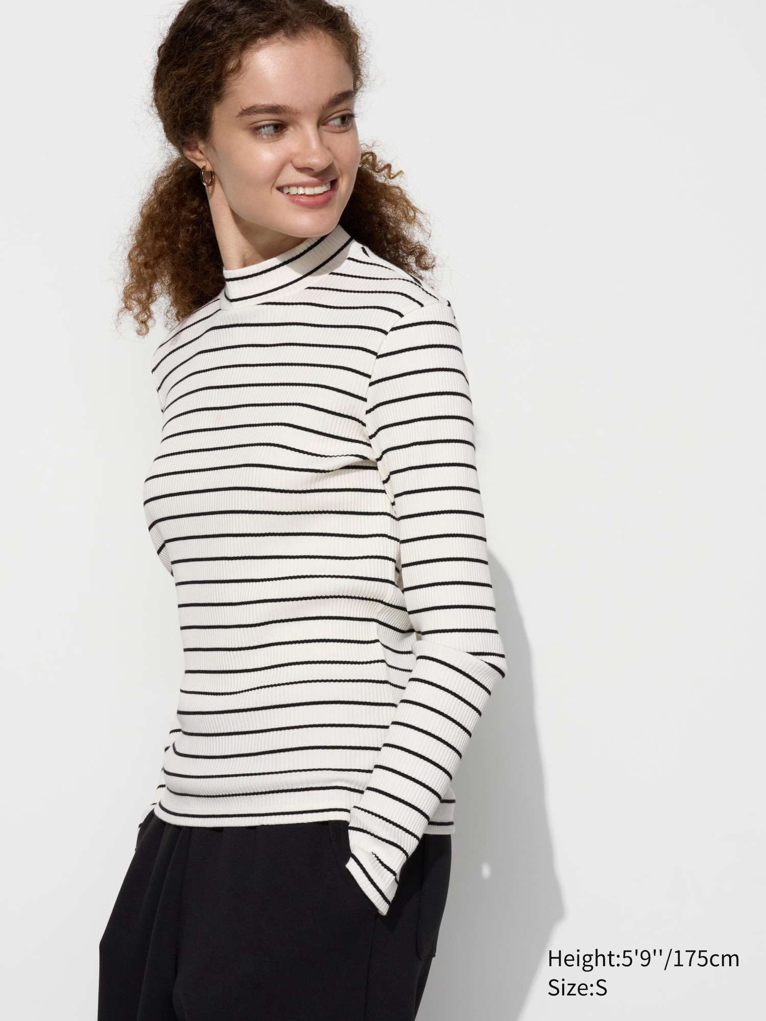 Ribbed High Neck T Shirt Stripe Long Sleeve