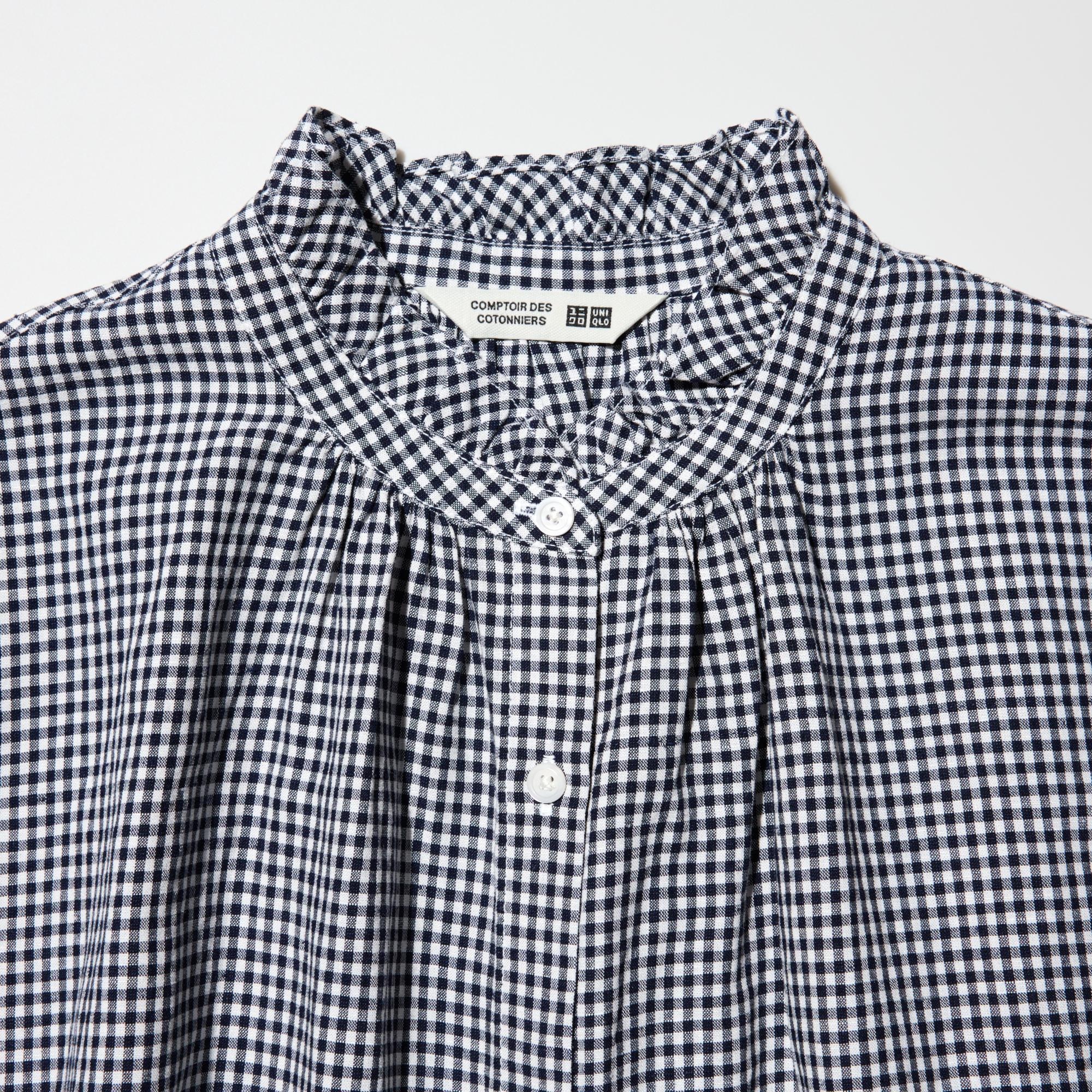 Women's Linen Blend Frilled Blouse Short Sleeve | Gingham | UNIQLO ID