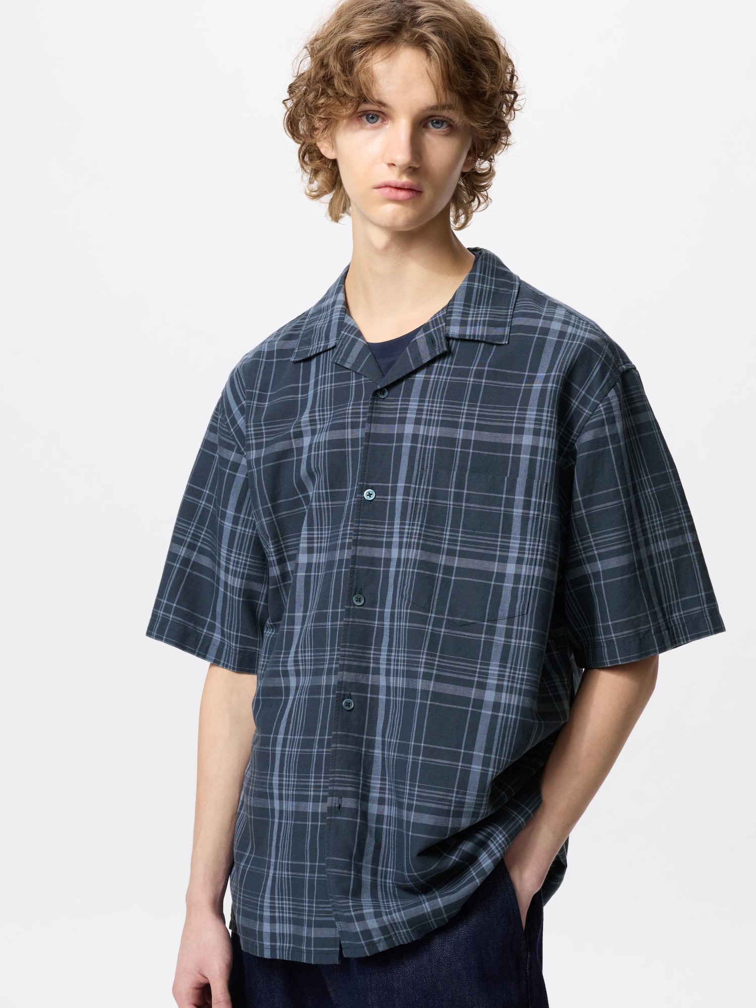 Kemeja Katun Linen | Lengan Pendek Kotak Pria | UNIQLO ID