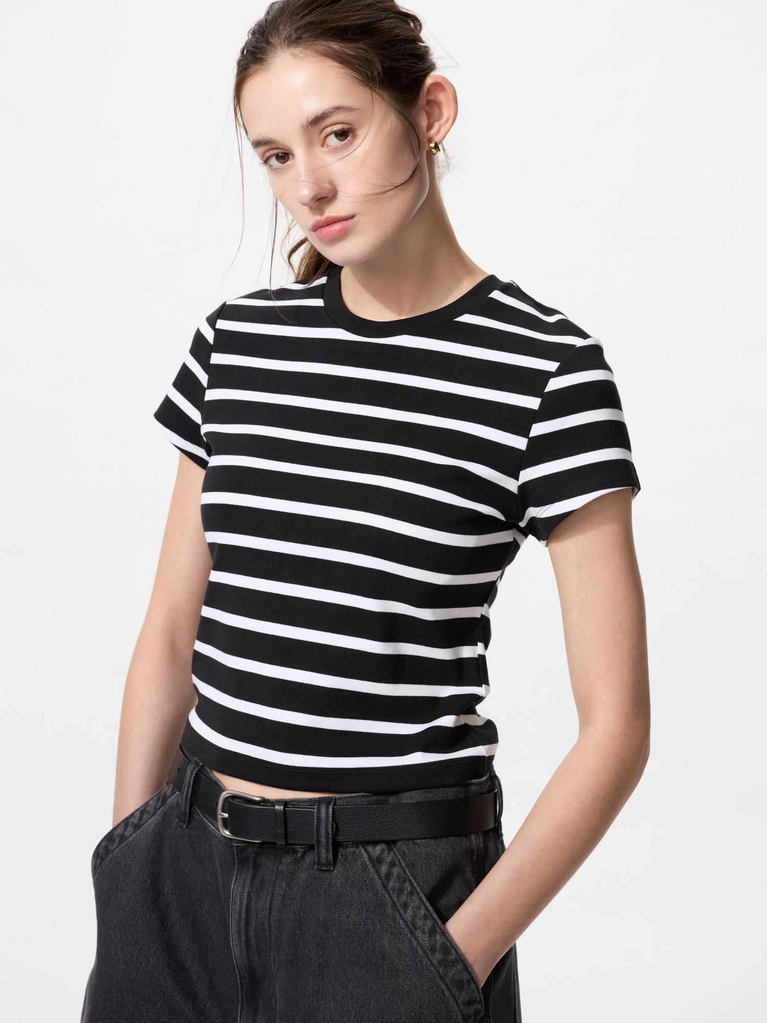 T-Shirt Mini Garis (Crop Top) Wanita | UNIQLO ID