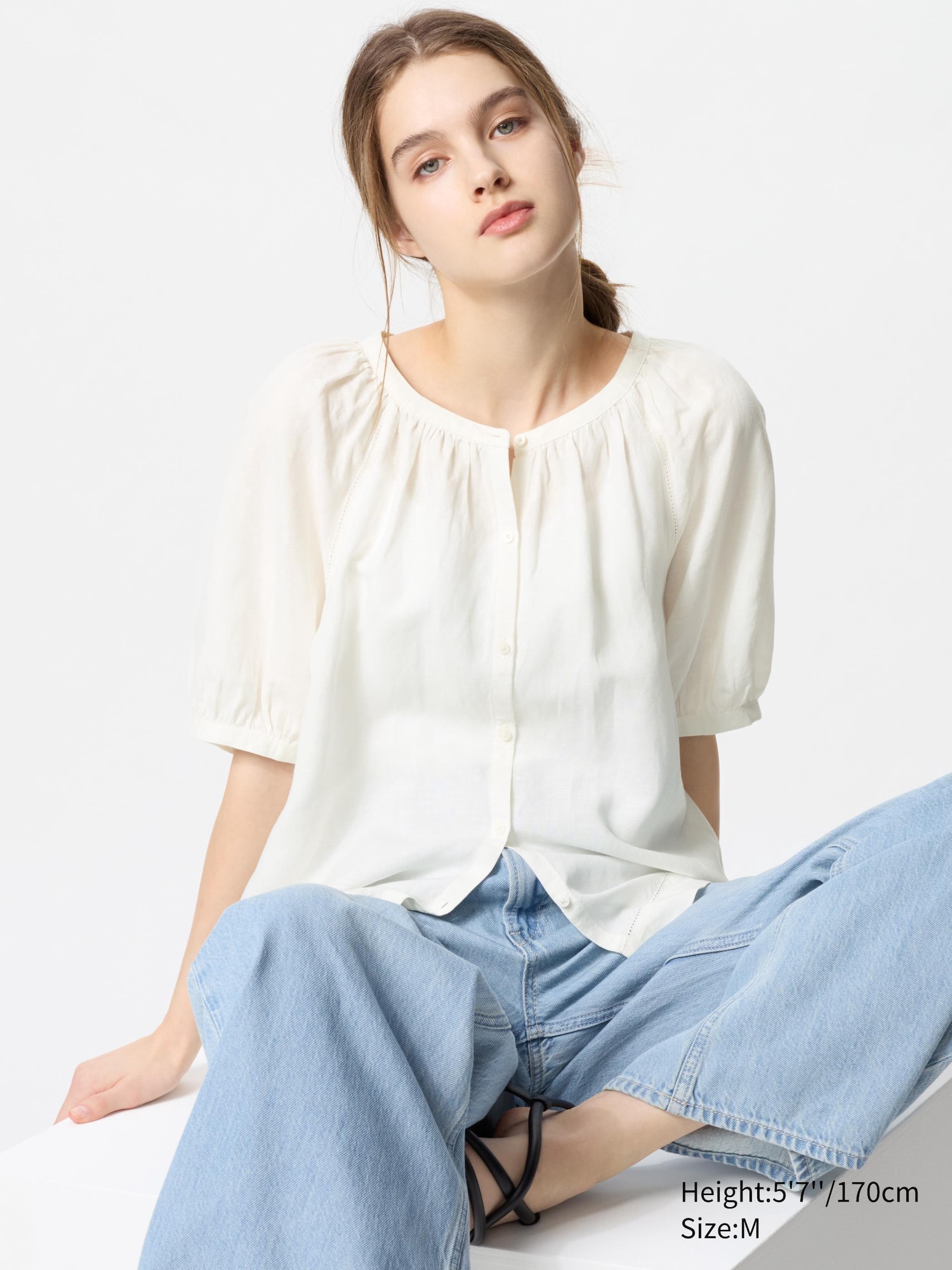 Check styling ideas for「Crossbody Bag、Linen Blend Volume Blouse Short ...