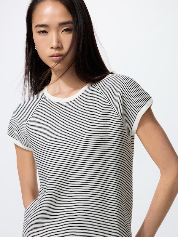 Women's 3D Knit Crew Neck Sweater Short Sleeve Stripe | UNIQLO SG