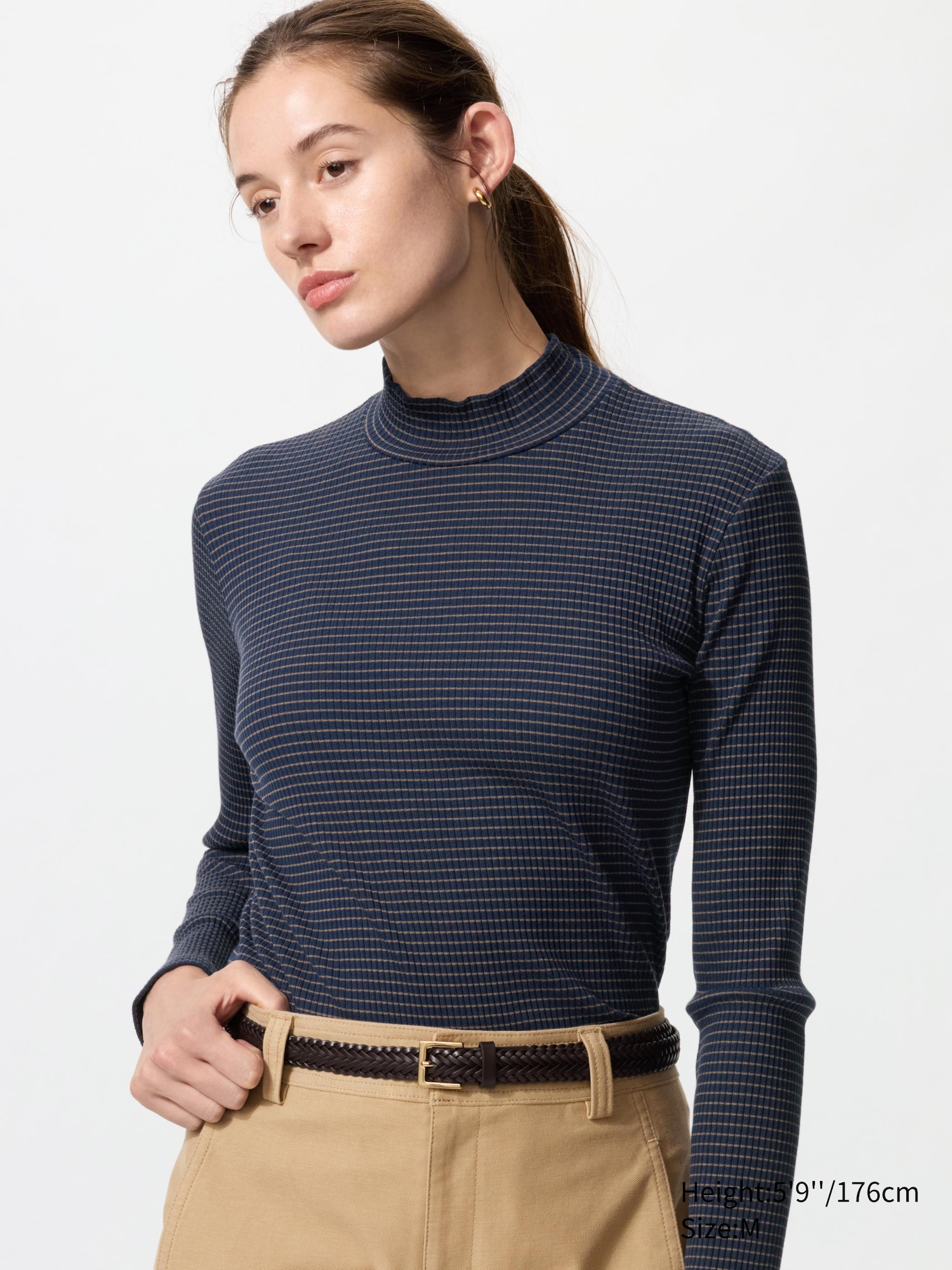 Ribbed High Neck T-Shirt | Striped | UNIQLO US